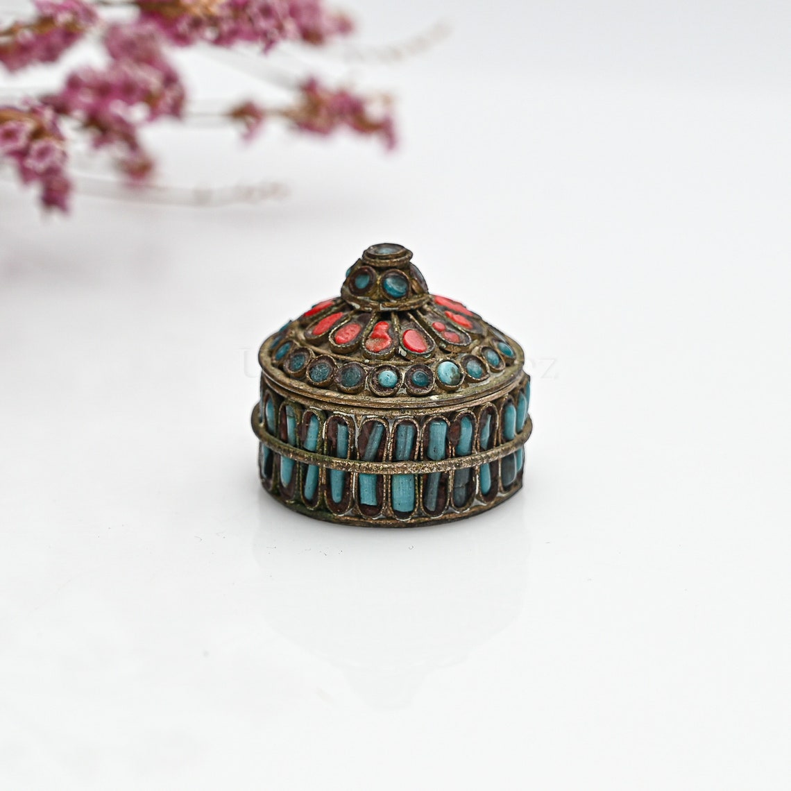 Tibet Trinket / Pill Box, Turquoise & Coral Agate Adorned, Antique ...