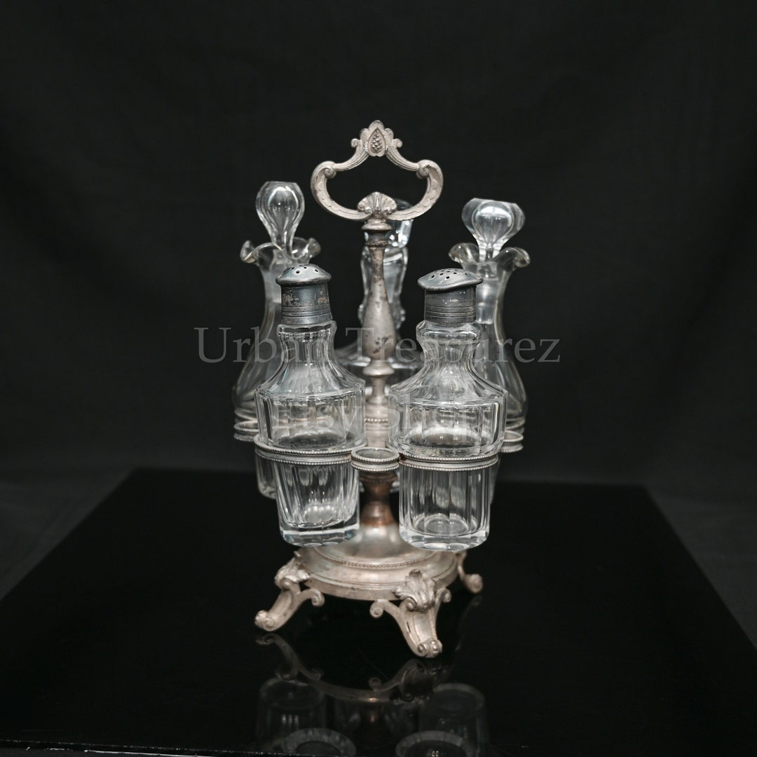 Carousel Cruet / Condiment Set • Antique Silver Plate & Crystal Bottles ...