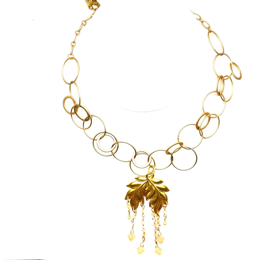 Pendant Gold Base Metal Necklace. Leaves With Swarovski Beads. Non ...