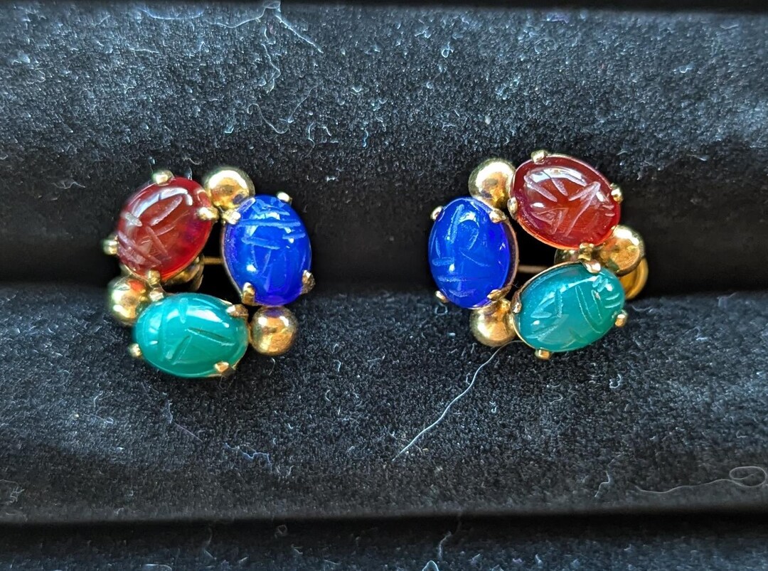 Vintage 12K Gold Filled Multi-colored Gemstone Scarab Screw-back ...