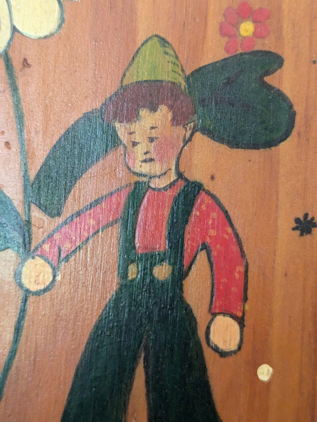 Vintage Plaque Little Elf Under Flower Hand Painted Folkart Outsider ...