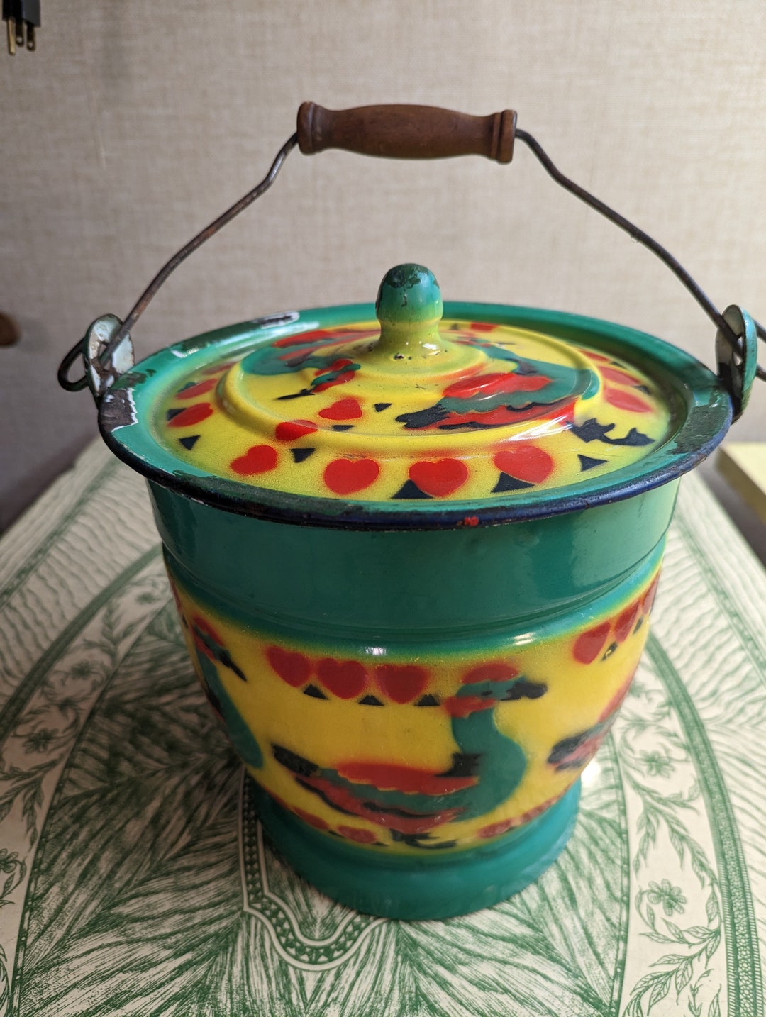 RARE Vintage Enamelware Bucket With Ducks and Hearts Wooden Handle - Etsy