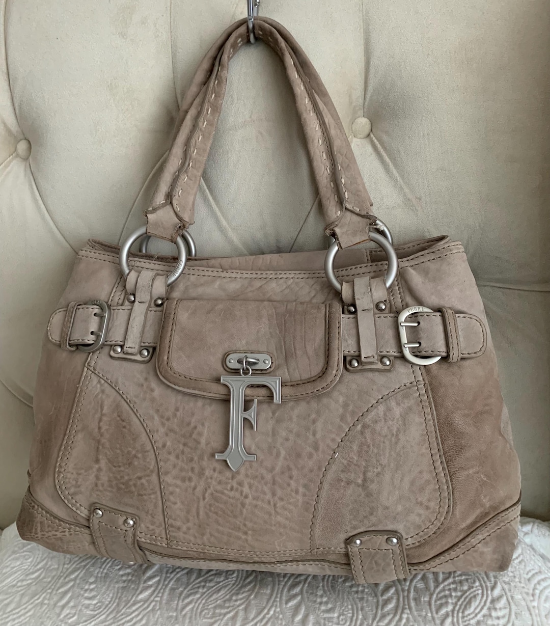 Vintage Ferre Made in Italy Leather Beige Xlarge Lined Satchell Handbag ...