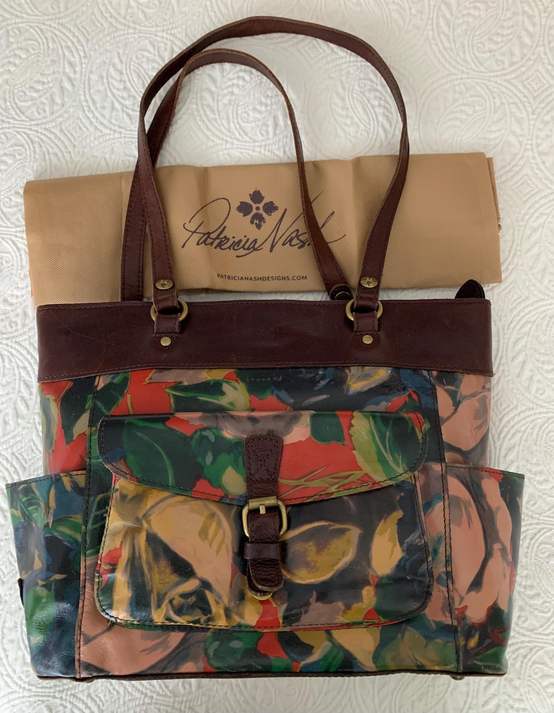 Patricia Nash Larone Multicolor Winter Bloom Bolsena Tote Suede Inside ...