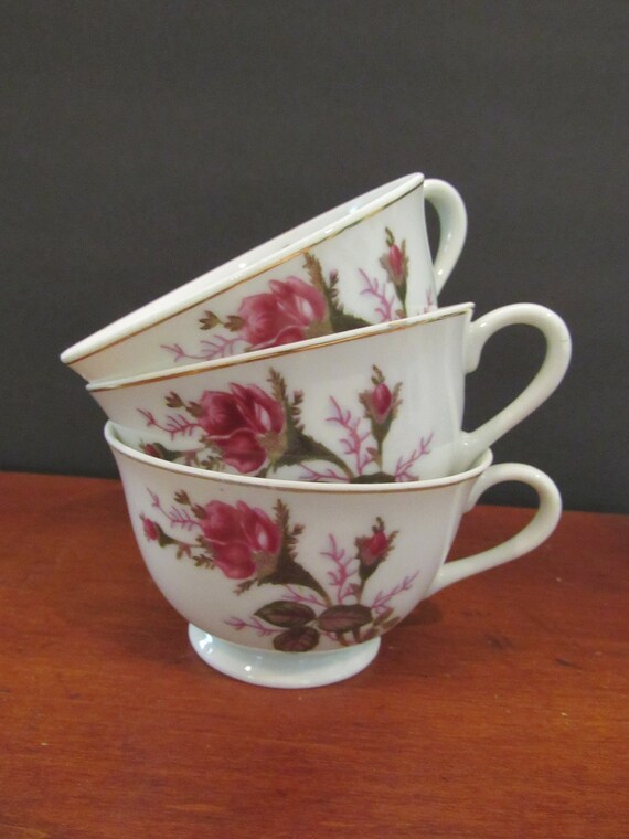 Vintage Porcelain Footed Teacup Set of 3 Tea Cup Cottage Chic | Etsy