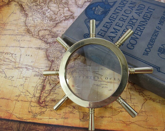 Vintage Brass Magnifying Glass Ship's Wheel Office Beach Decor Desk ...