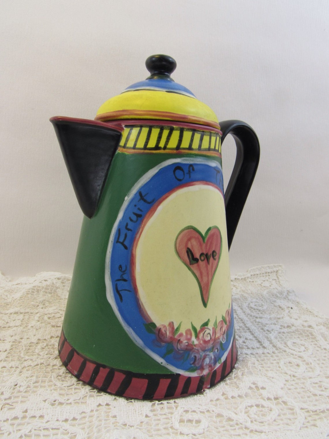 Vintage Folk Art Hand Painted Tea Pot Coffee Pot the Fruit of the ...