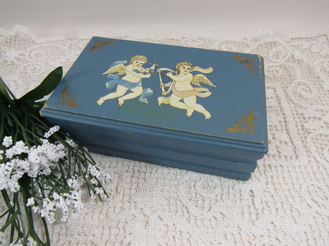 Vintage Shabby Chic Wooden Box Angels Decoupage Jewelry Box Cherubs ...