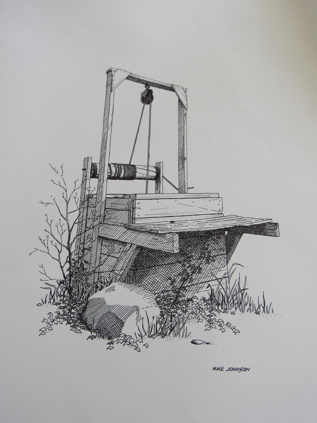 Vintage Lithograph Pen and Ink Art Print Rustic Well Mike Johnson Circa ...