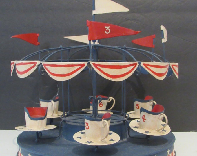 Vintage Spinning Metal Teacups Carousel Home Decor Americana Folk Art ...