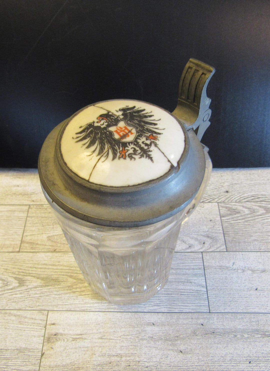 Antique Early Primitive German Beer Tankard Stein Porcelain Pewter ...