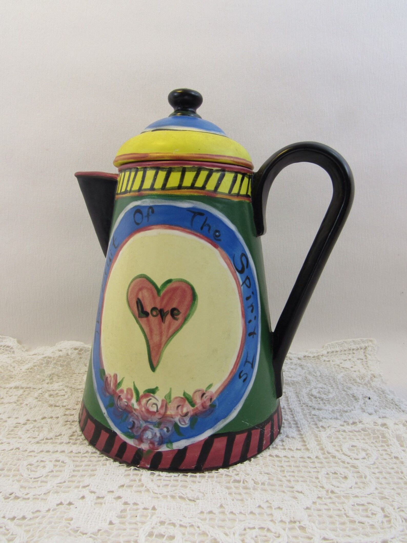 Vintage Folk Art Hand Painted Tea Pot Coffee Pot the Fruit of the ...