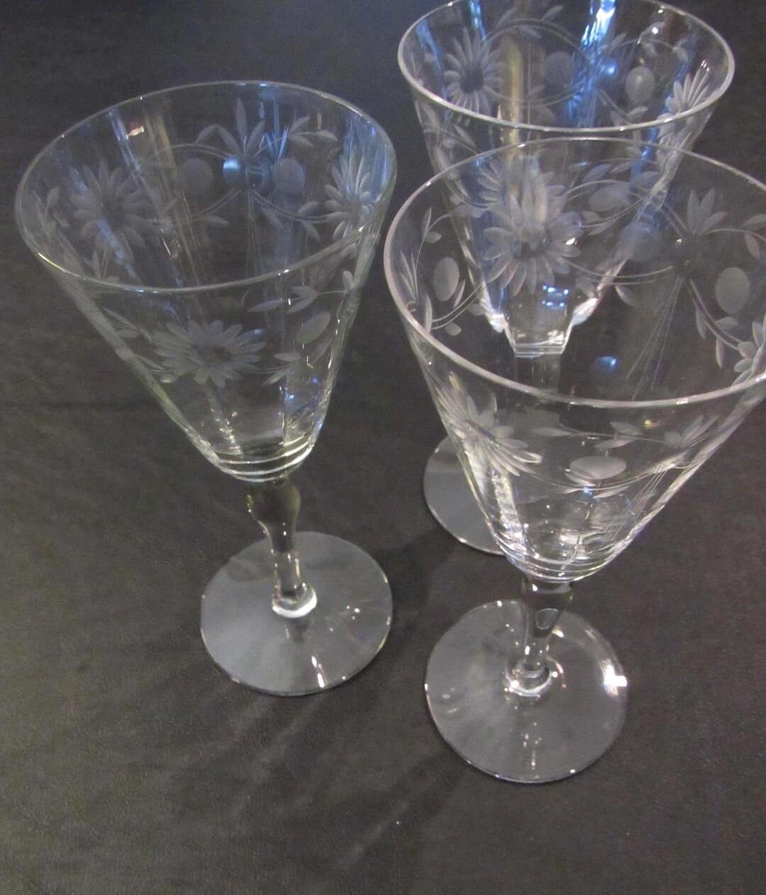Antique Seneca Floral & Leaf Cut #250 Etched Wine Glasses Water Goblet ...
