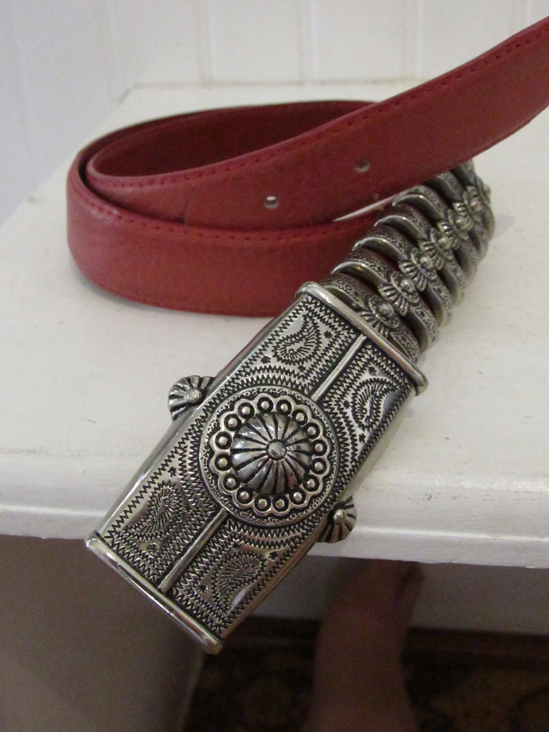 Vintage Red Leather Heavy Metal Adjustable Statement Belt Brighton ...