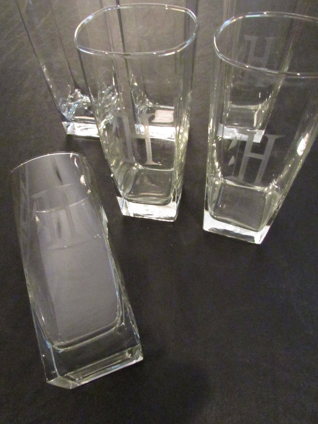 Vintage Etched Monogrammed Glasses Tall Tumblers Initial H Glasseware ...