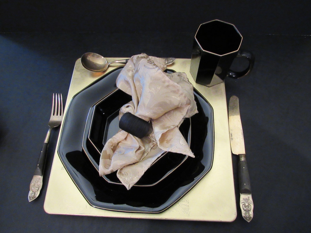 Vintage Black French OCTIME ARCOROC Dinnerware EACH Shanghai Gold Trim ...
