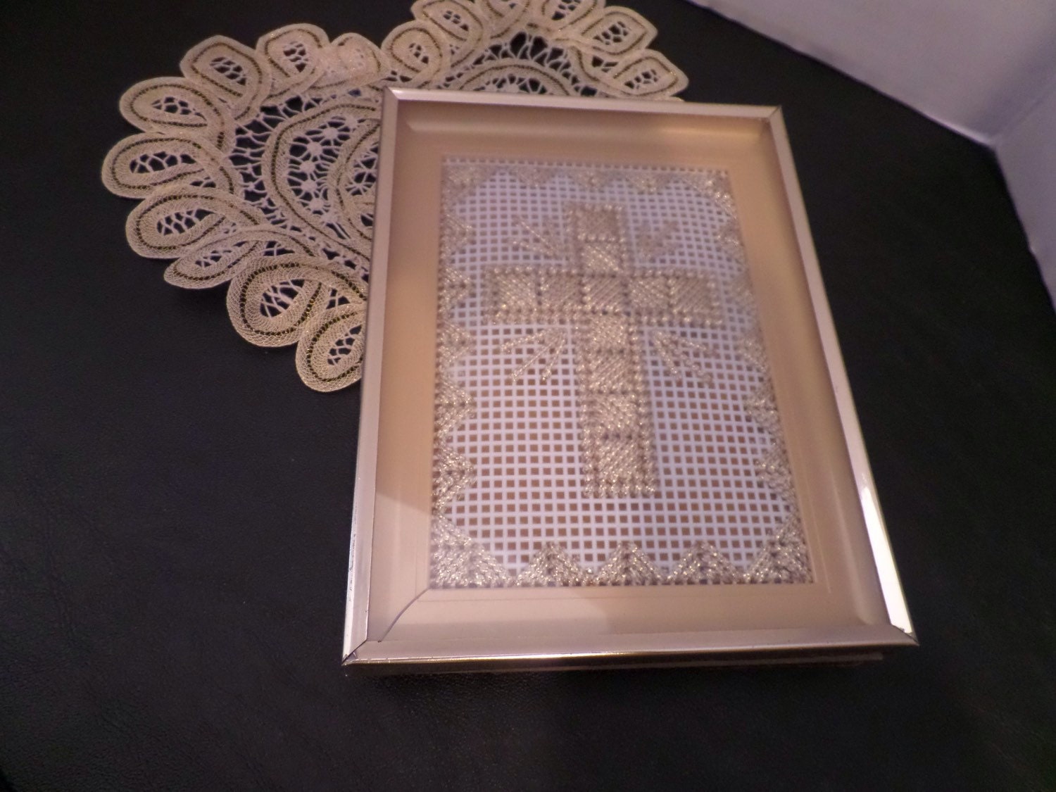 Vintage Crucifix Cross Stitch Framed Gold Metallic - Etsy