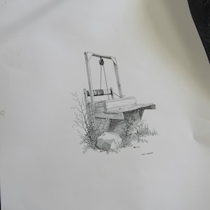 Vintage Lithograph Pen and Ink Art Print Rustic Well Mike Johnson Circa ...