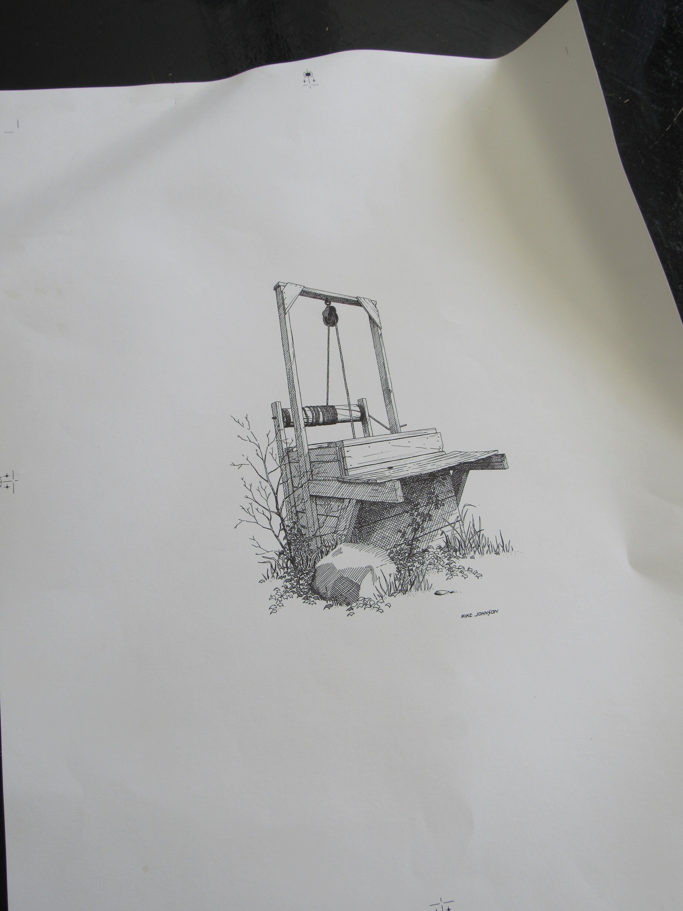 Vintage Lithograph Pen and Ink Art Print Rustic Well Mike Johnson Circa ...