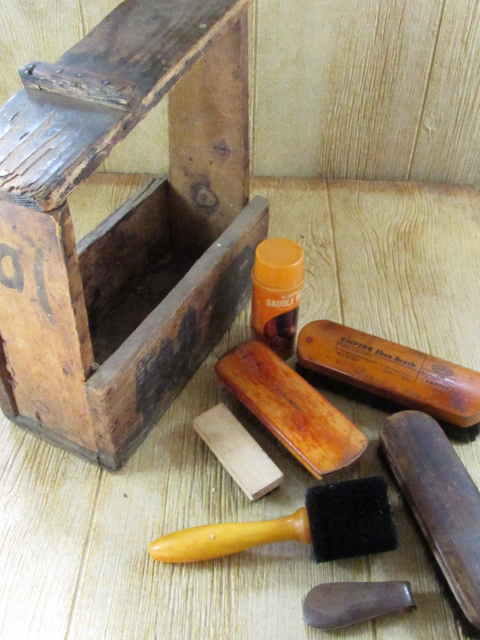 Vintage Rustic Wood Shoe Shine Box Organizer Primitive Wooden Box Tote Storage Box Wedding ...