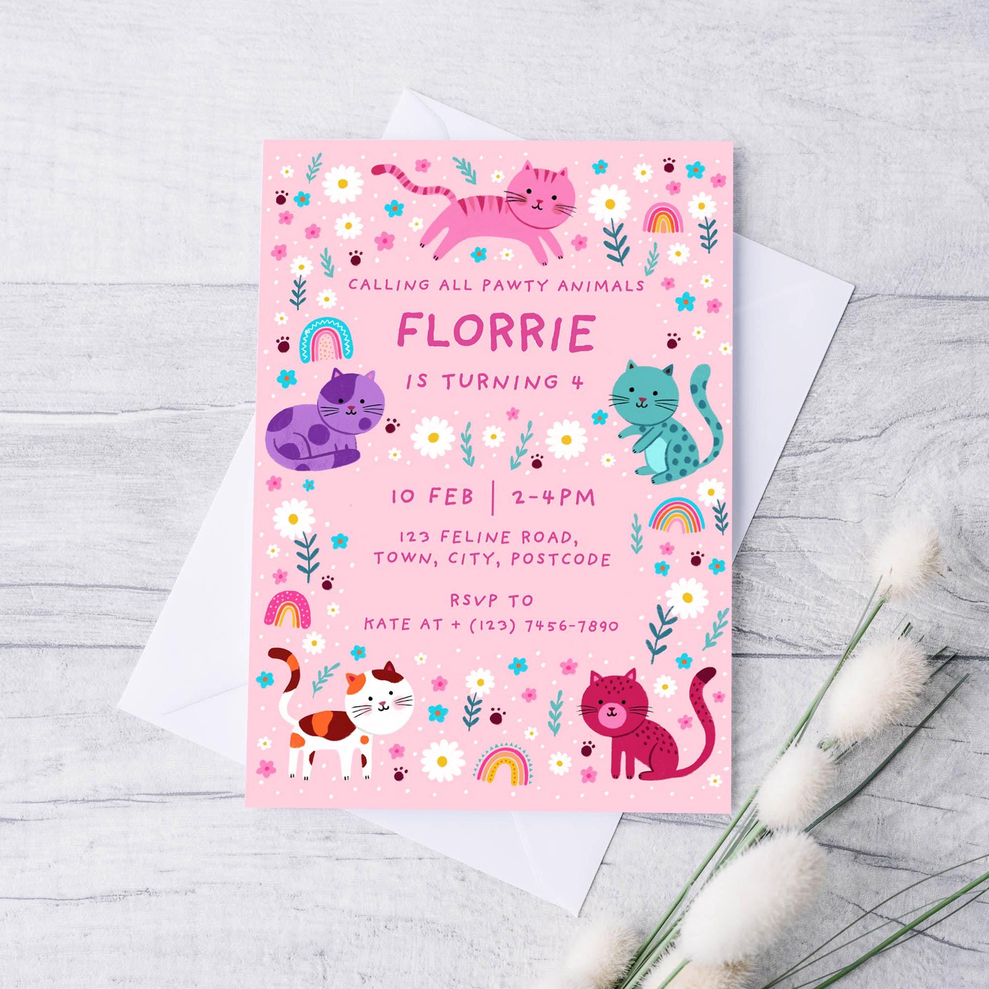 Editable Cat Birthday Party Invitation Template, Digital Cats Birthday ...