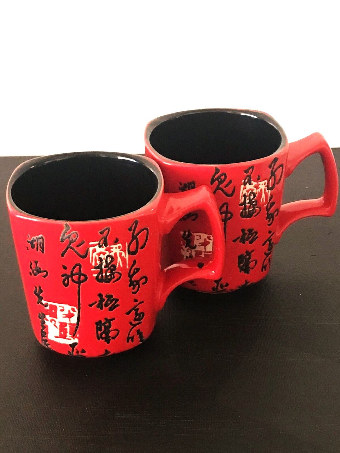 Asian Red Mugs, Pair of Asian Mugs, Red Coffee Mugs, Square Shaped Mugs ...