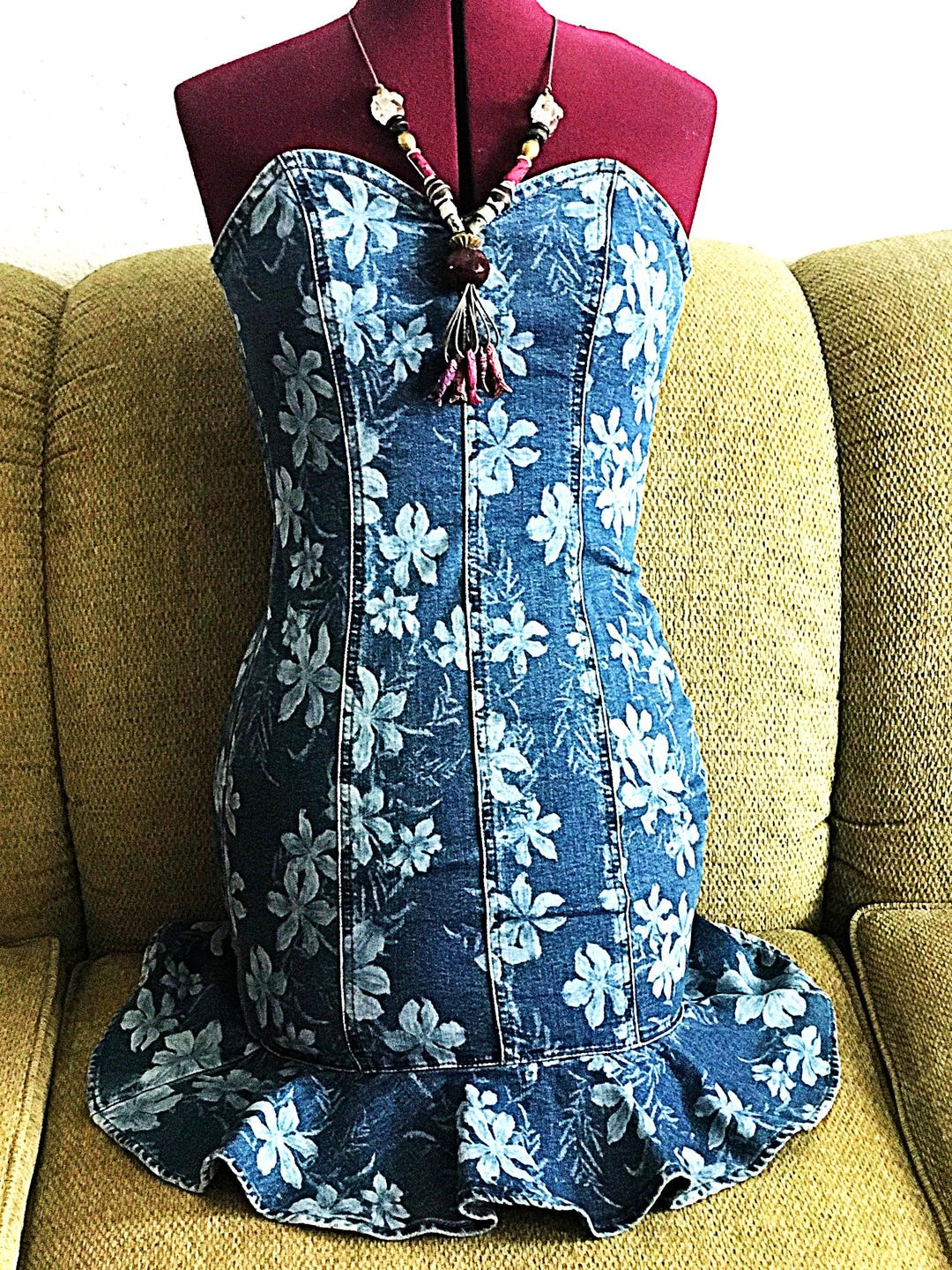 Strapless Jean Dress, Blue Denim Dress, Ruffled Bottom Dress, Corset ...