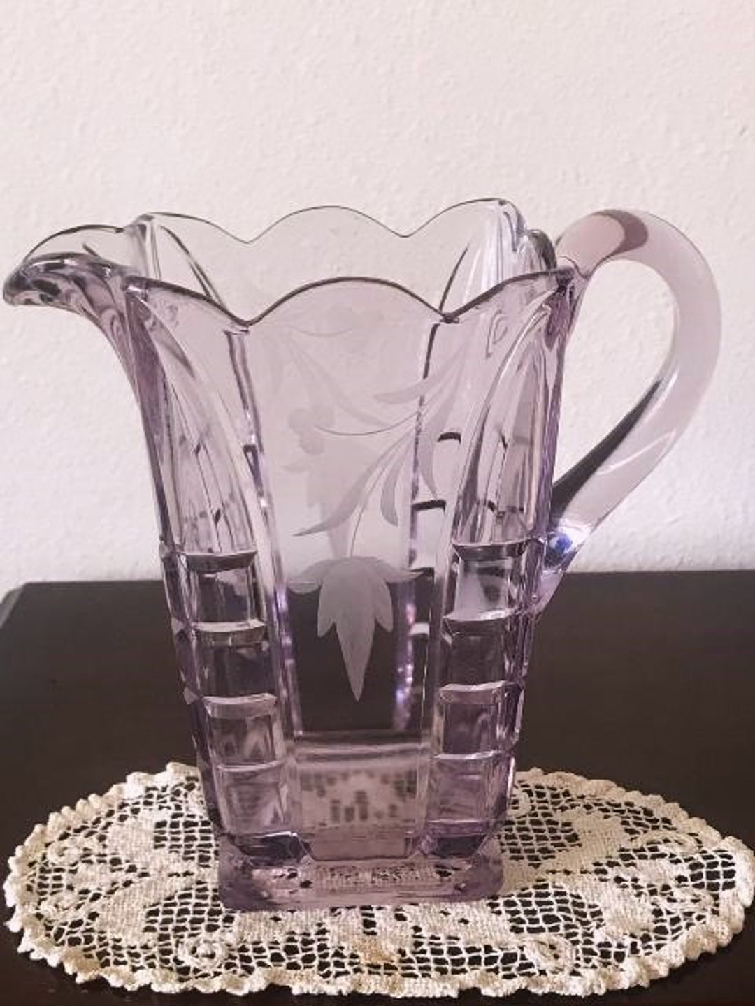 Lavender Pitcher, Etched Glass Pitcher, Pitcher From the 50's, Lavender ...