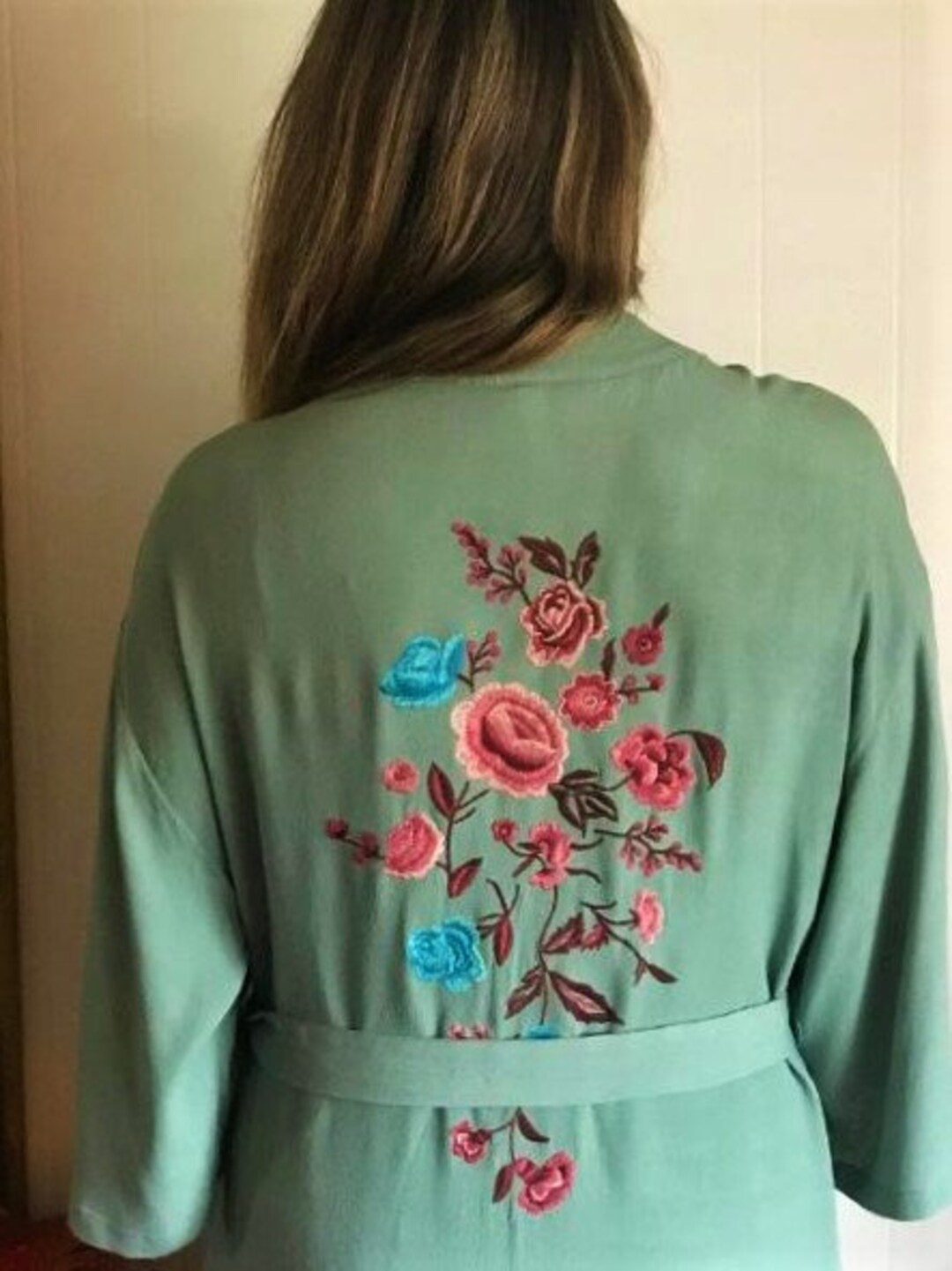 Embroidered Robe, Sage Green Robe, Women's Medium Robe, Robe With ...