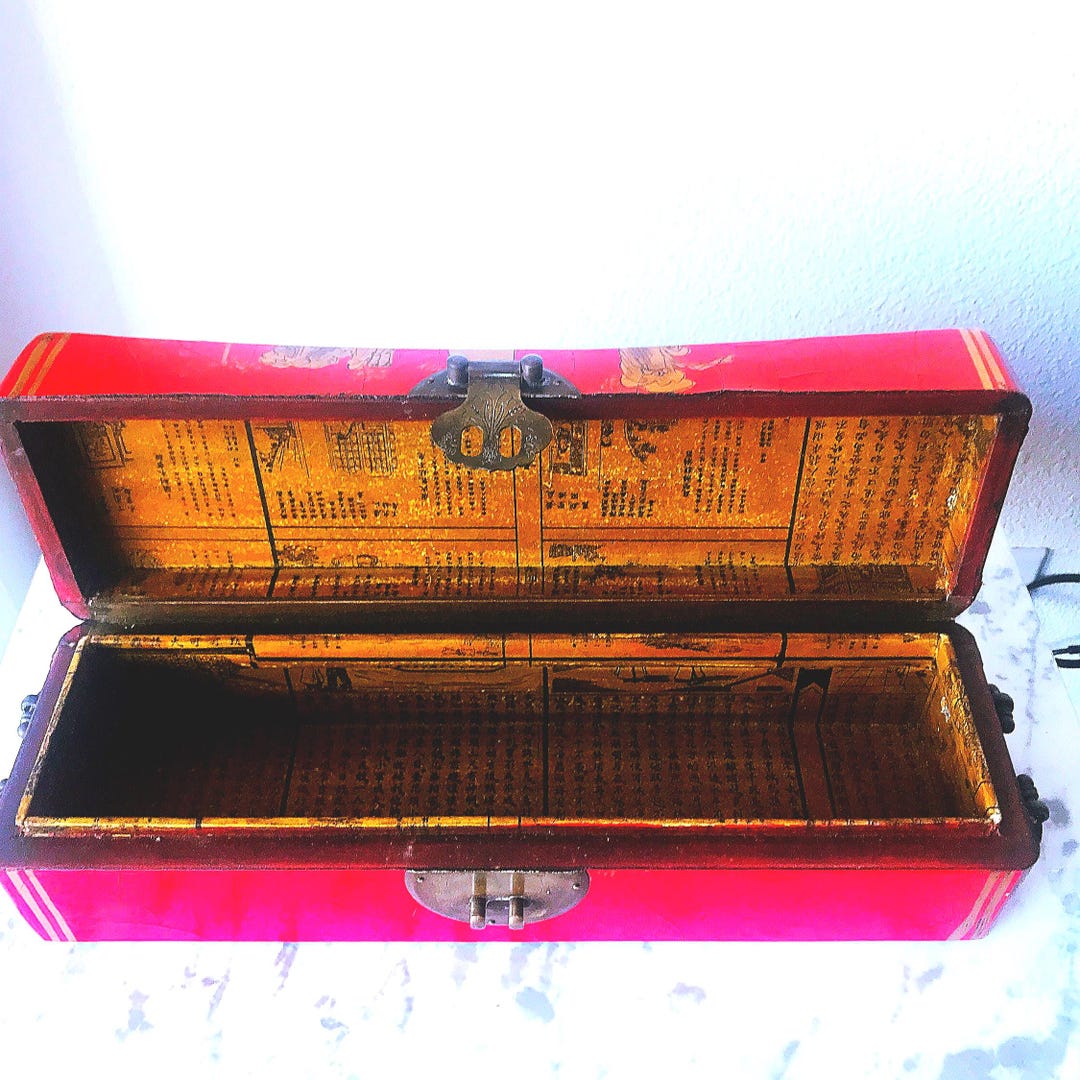 Antique Chinese Lacquered Pillow Box: Red & Gold Asian Decor Brass ...