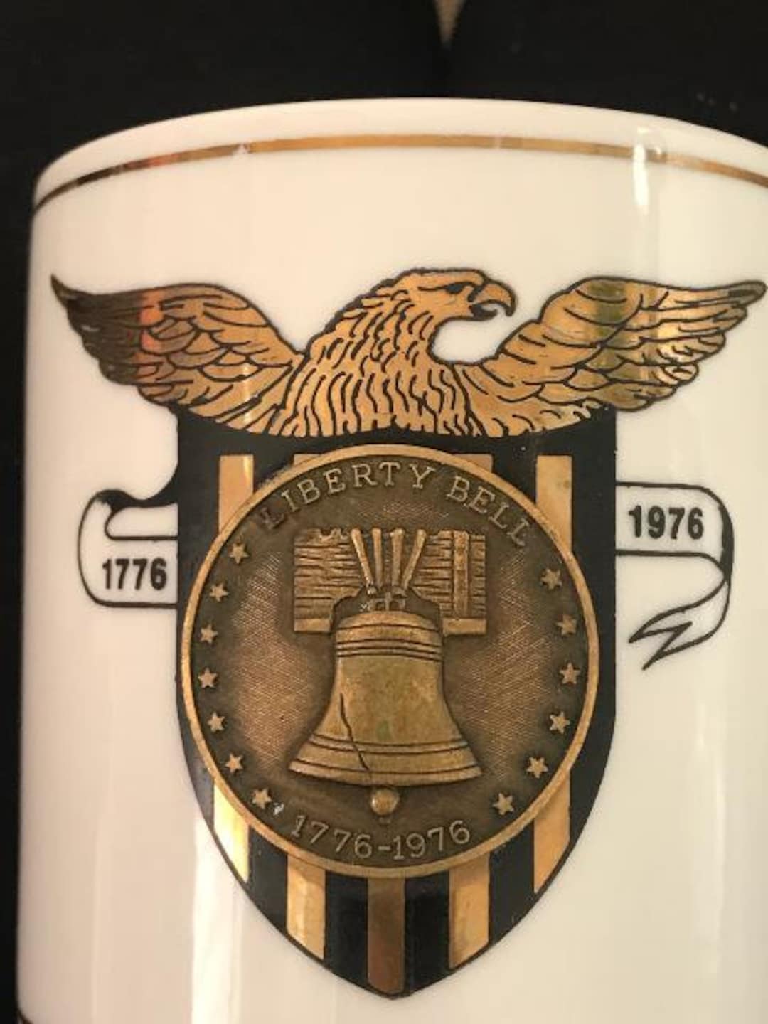 Bicentennial Mug, Patriotic Mug, Liberty Bell, Golden Eagle, Brass Coin ...