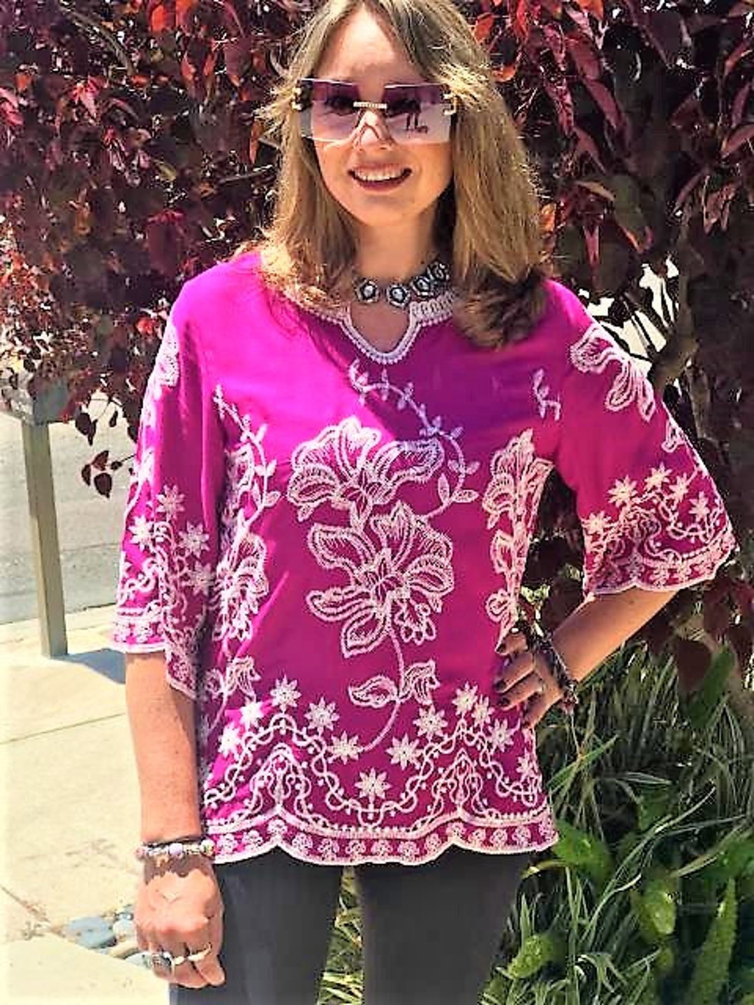 Embroidered Top, Fuchsia Pink Top, Feminine Top, Rich Embroidered Top ...