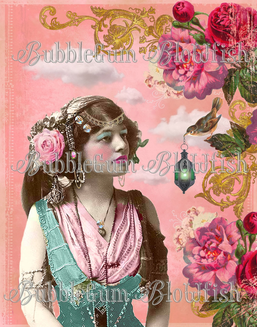 Beautiful Vintage Jeweled Gypsy With Pink Sky Ornate Scrolls Lantern ...