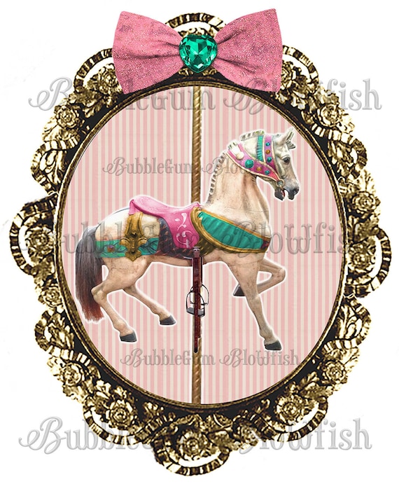 Carousel Horse Vintage Oval Frame With Jeweled Bow Pink | Etsy
