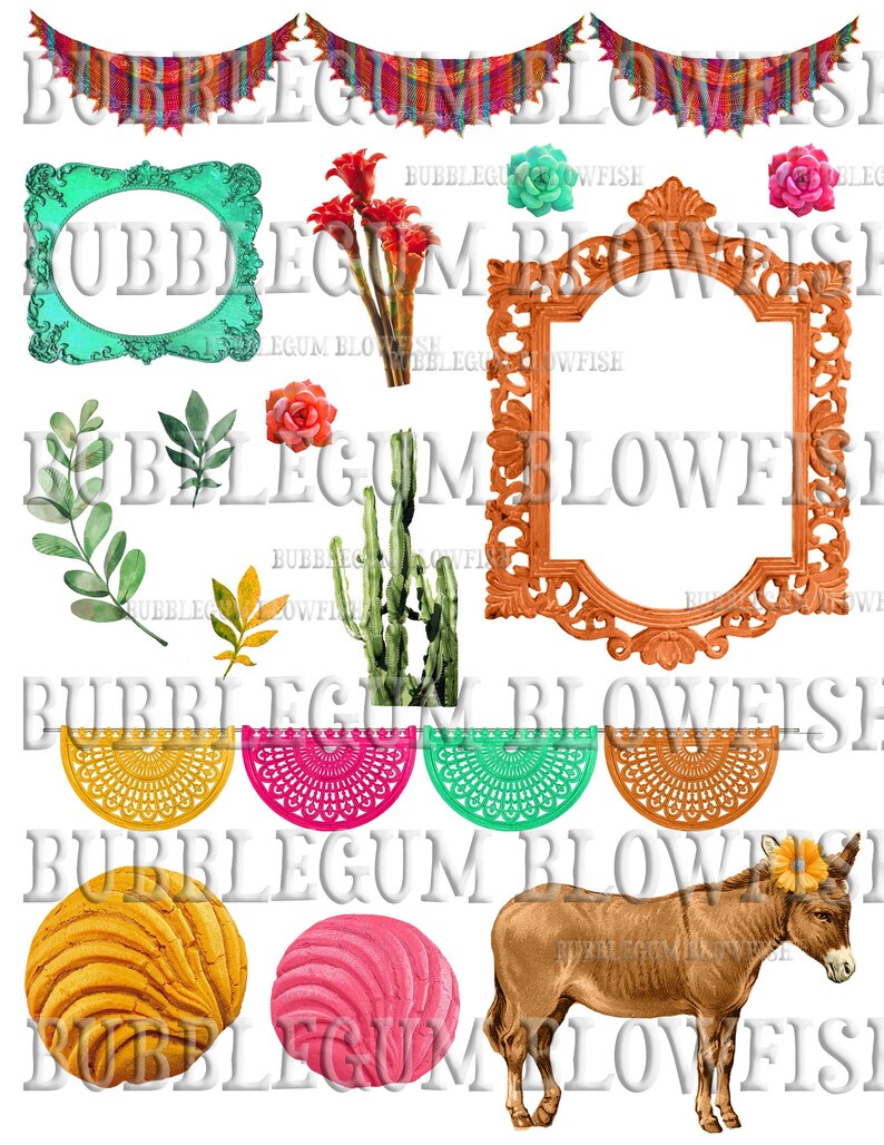 Mexican Folk Gorgeous Florals Frames Borders Donkey Digital Graphic ...