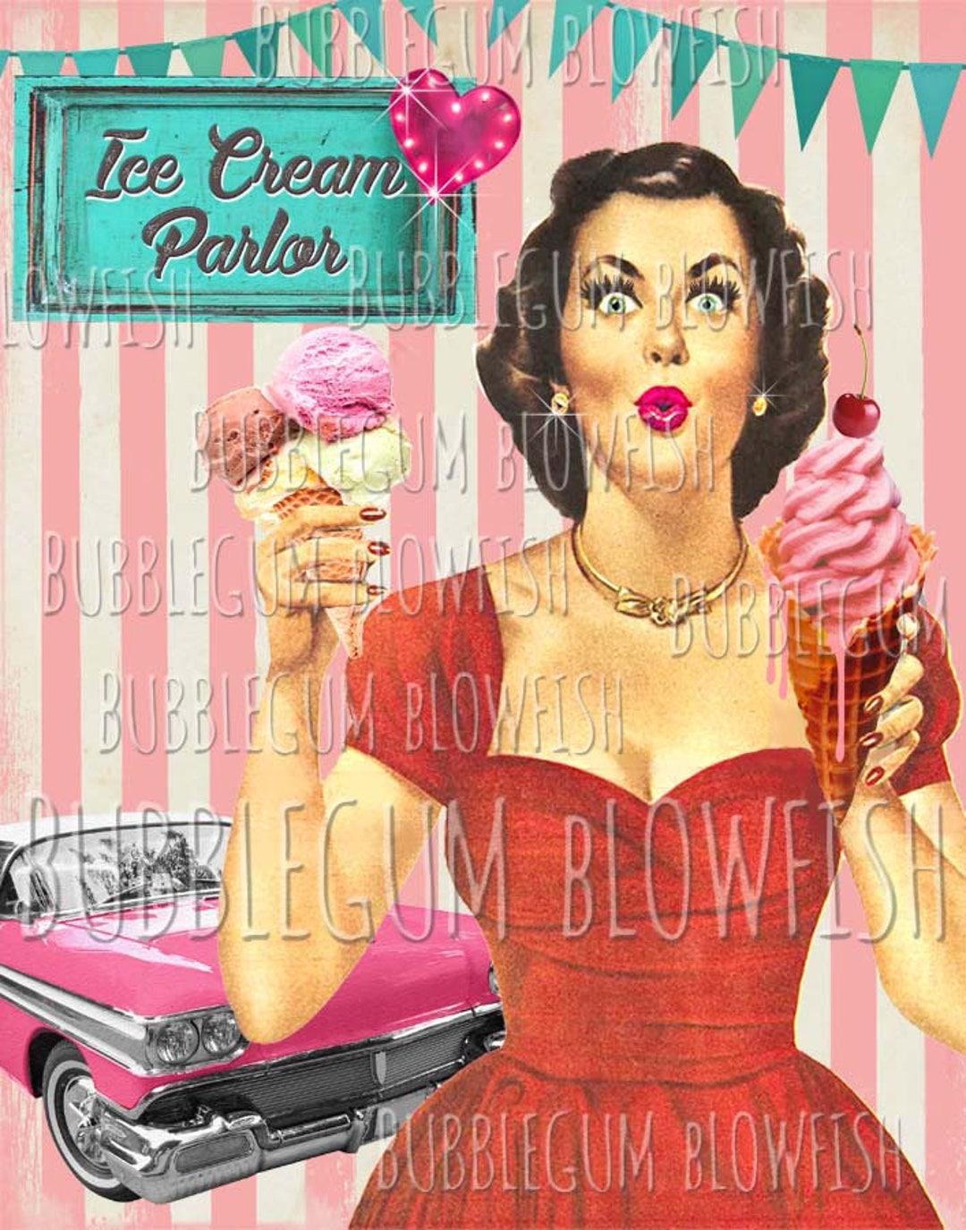 50's Retro Pinup With Ice-cream Cones Lipstick Red Dress Icecream ...