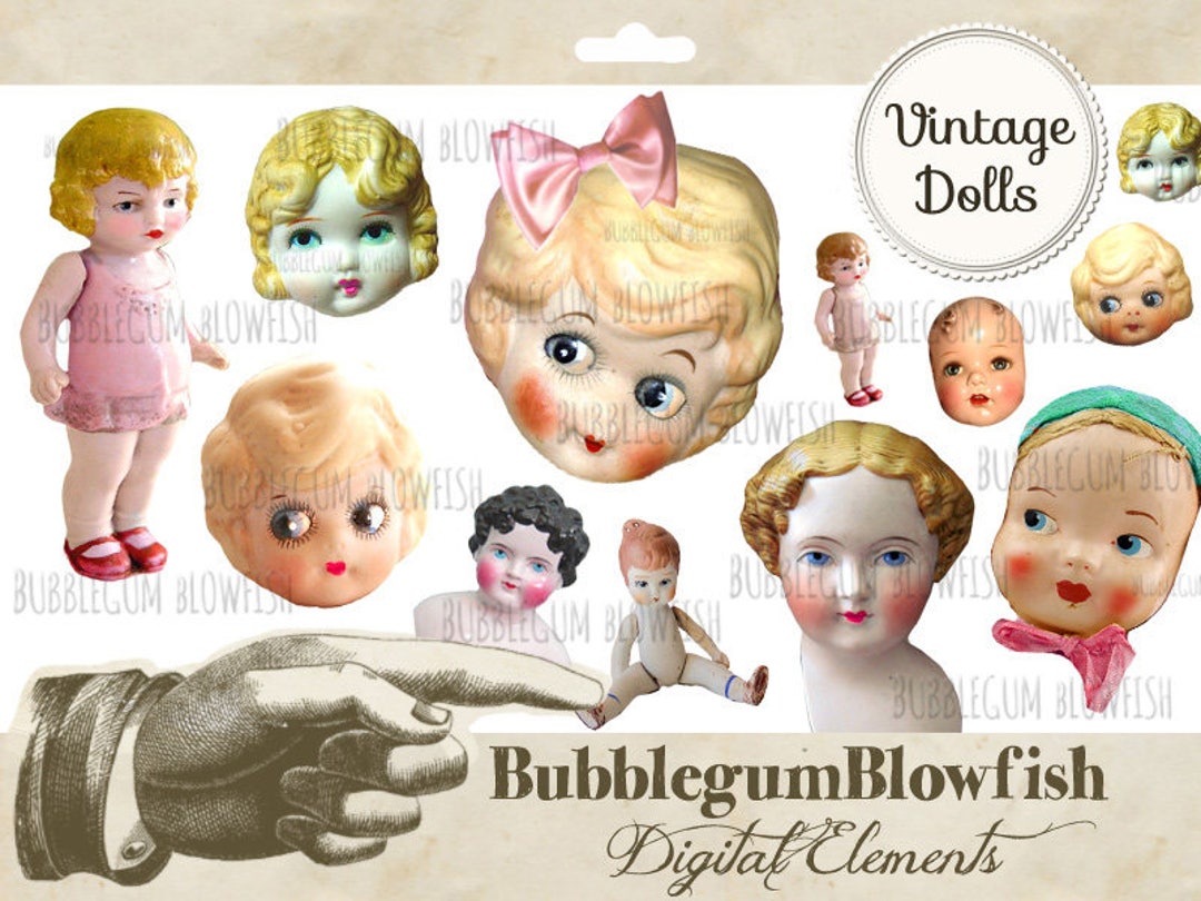 Cute Kitsch Vintage Dolls and Doll Heads Digital Graphic Design ...