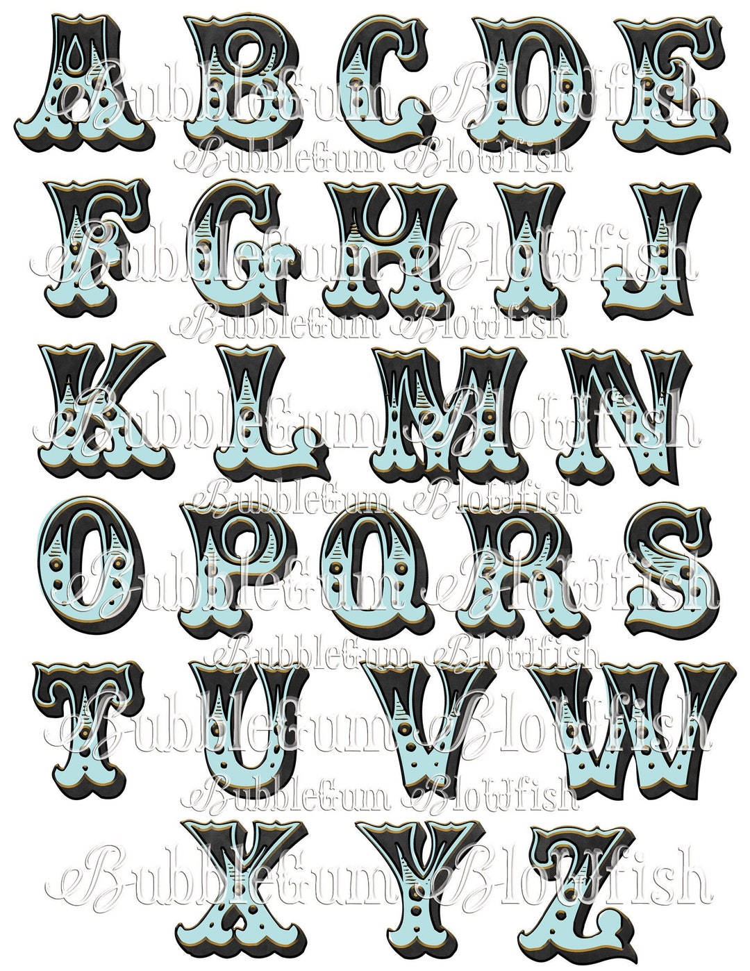 Circus Carnival Black and Powder Blue Alphabet Letters New Single File ...