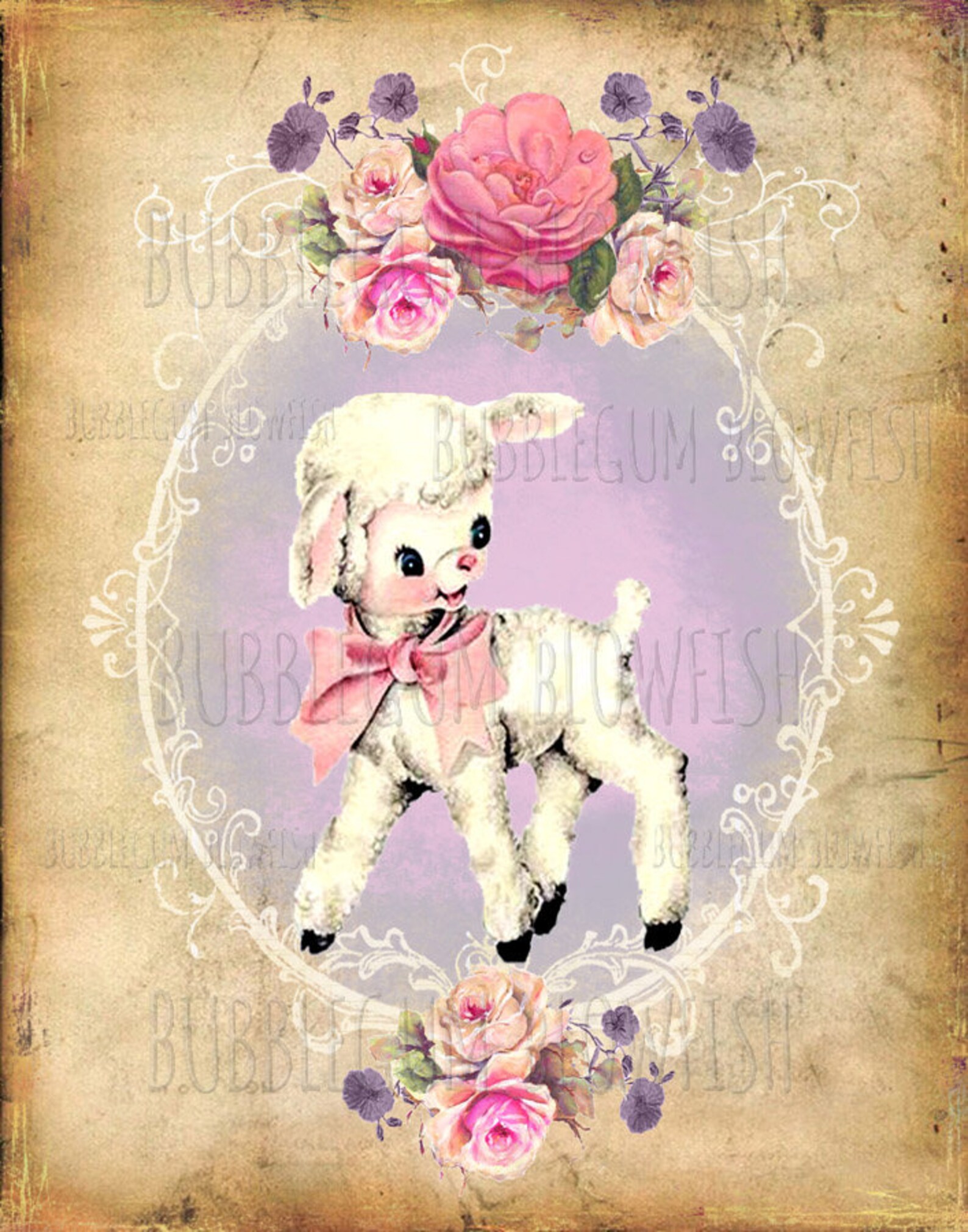 Sweet Kitsch Vintage Lamb Pink and Lavender Rose 11x14 File Digital Art Download - Etsy