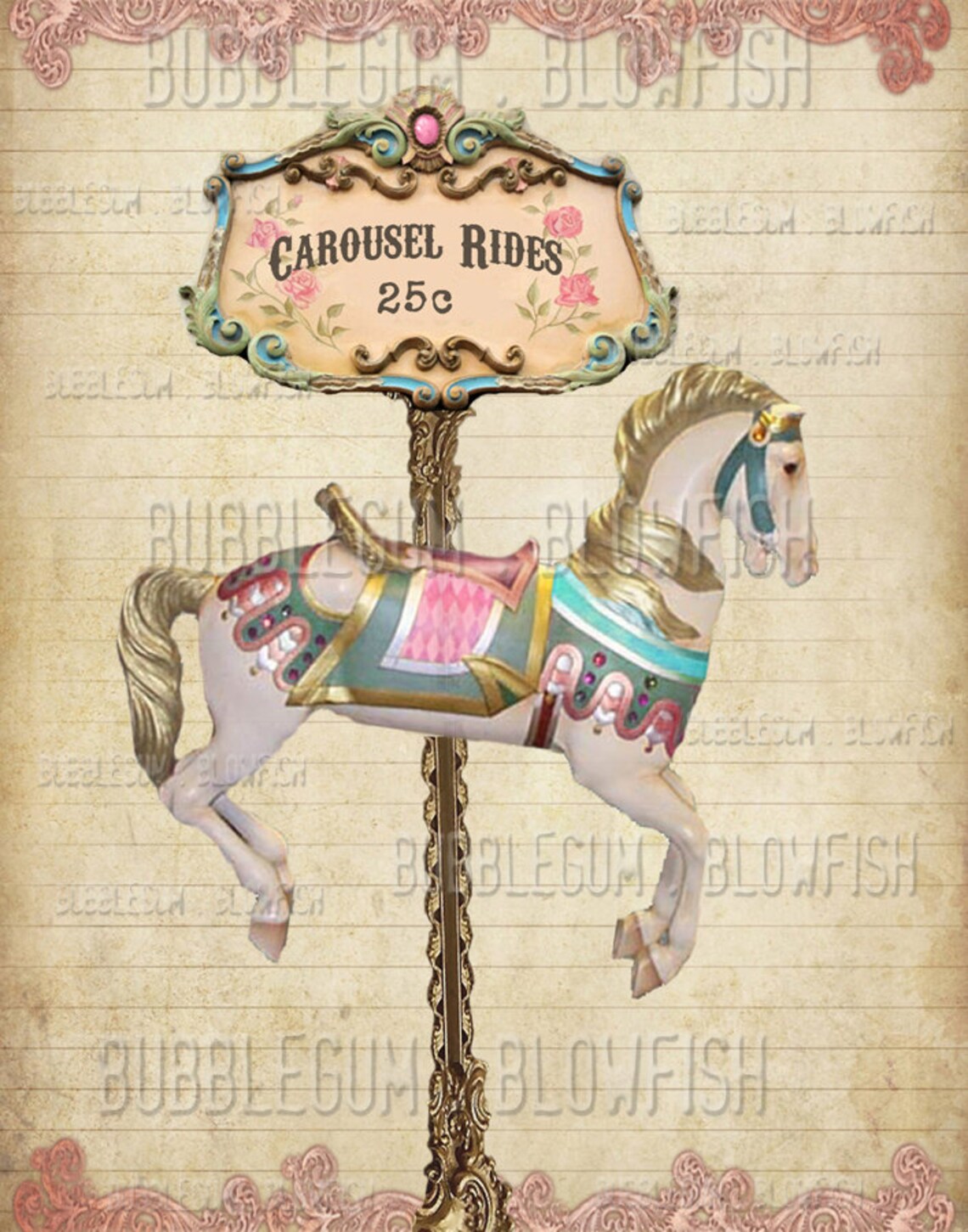 Vintage Carousel Rides Whimsical Vintage Paper 11x14 File Digital Art ...