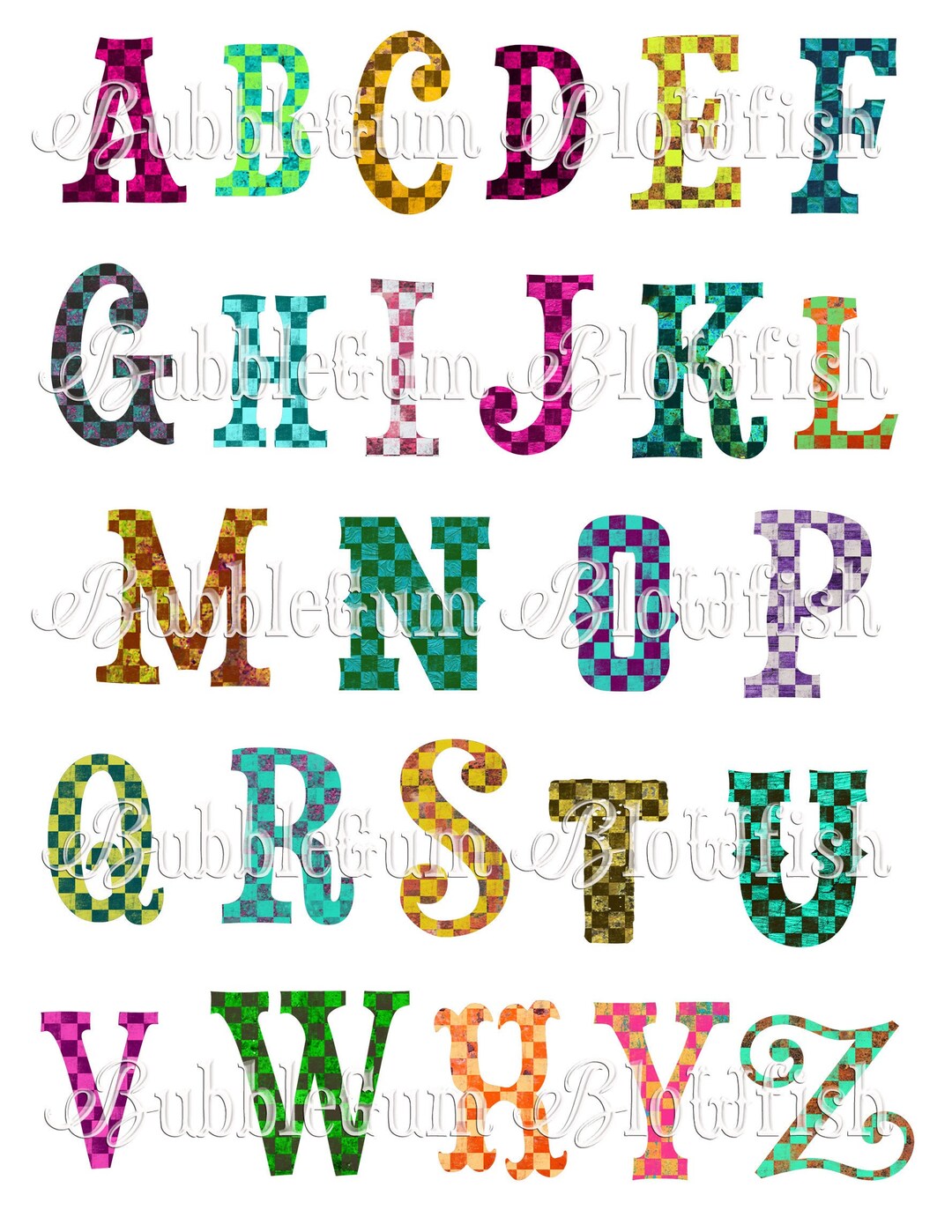 Colorful Funky Checkered Alphabet Letters SINGLE File PNG Collage Sheet ...