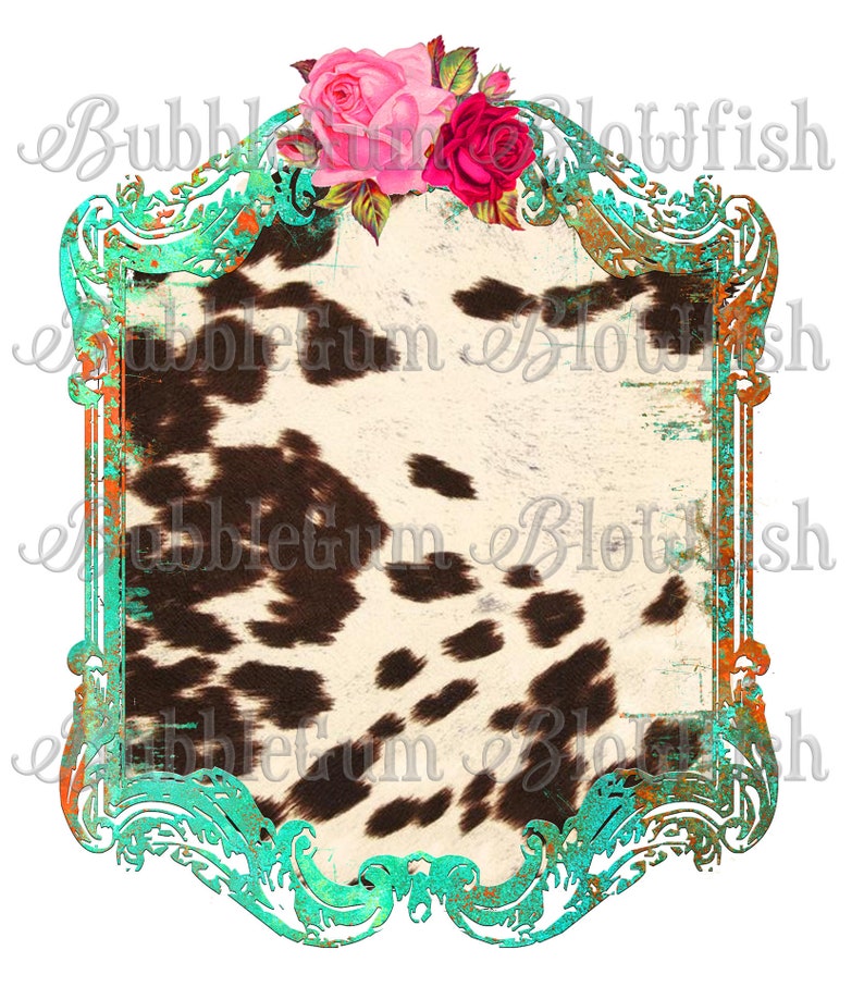 Cow Cowhide Cow Print Turquoise Ornate Vintage Rose Frame | Etsy