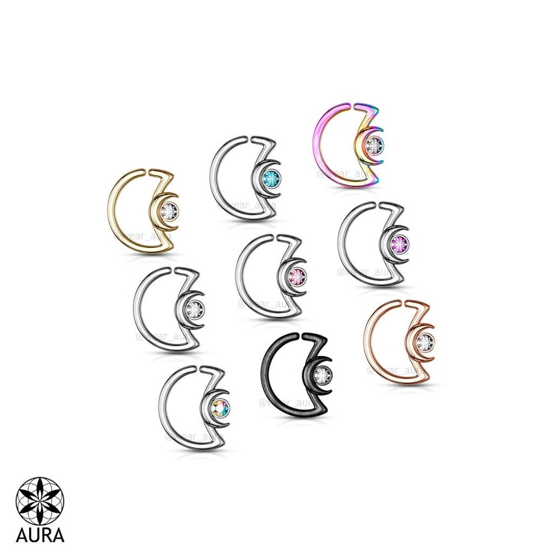 Single Moon Bendable Hoop, Crescent Moon With Crystal Accent 18GA and ...