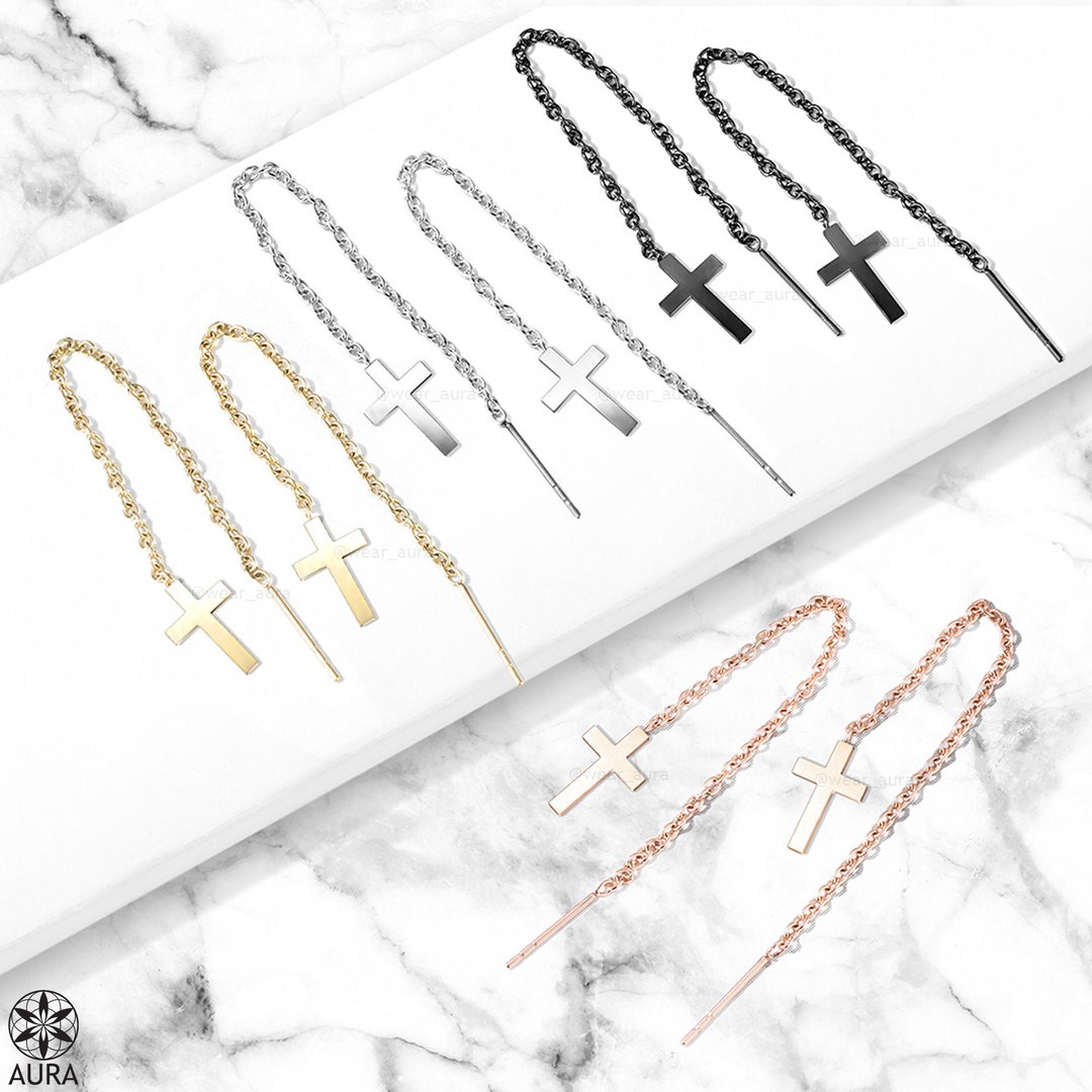 A Pair of Threader Earrings With Cross Charm Chain Earring 316L ...