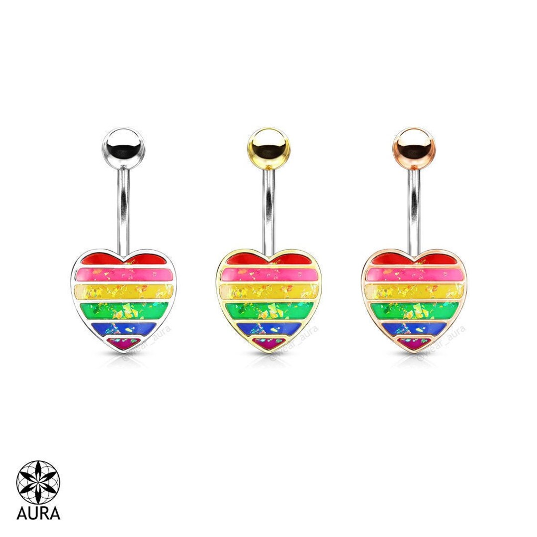 Rainbow Resin Glitter Filled Heart Belly Button Navel Rings, Belly ...