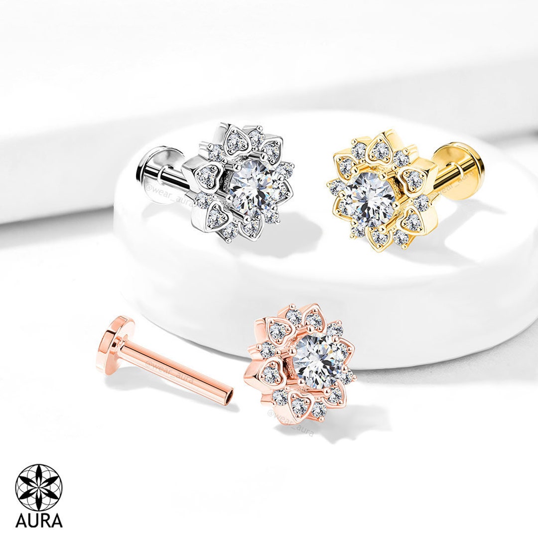 Crystal Flower Paved CZ Round Center Labret, Monroe, Ear Cartilage and ...