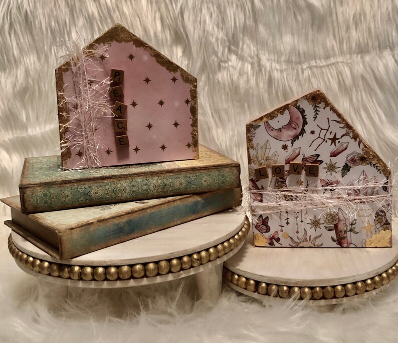 Wood Boho Wood House Set - 4x4 Wood Block Decor, Outdoor Porch ...