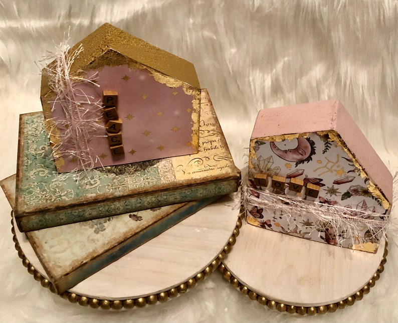 Wood Boho Wood House Set - 4x4 Wood Block Decor, Outdoor Porch ...