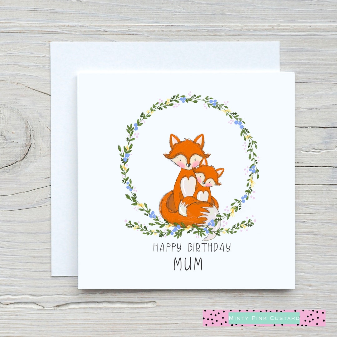 Mum Birthday Card for Her Fox Illustration Mother and Child Cartoon ...