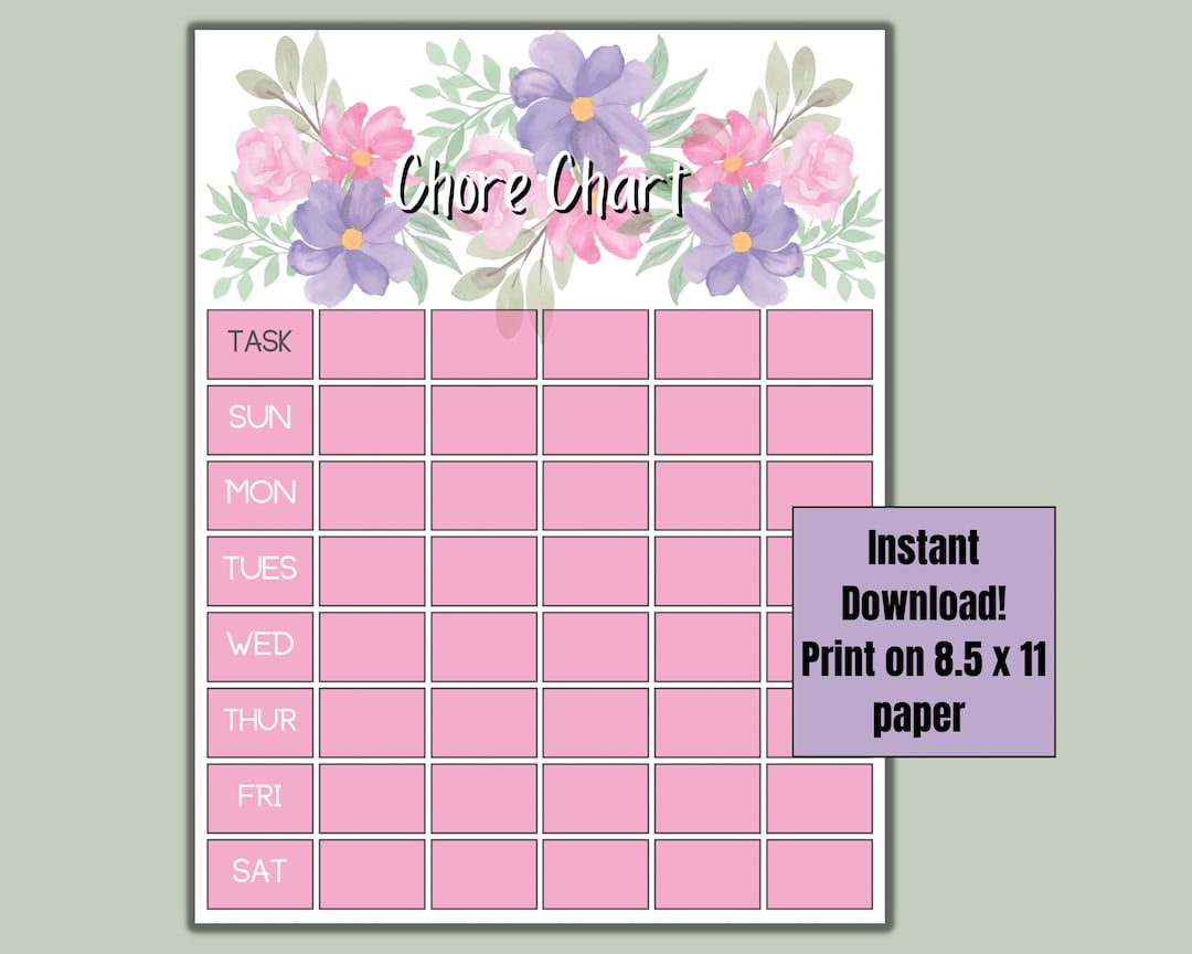 Printable Chore Chart for Girls, Floral Chore Chart for Adults, Sticker ...